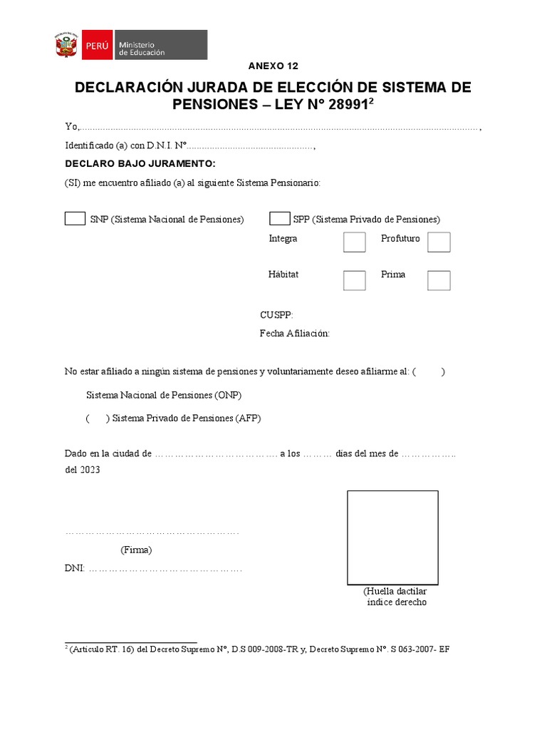 Anexo 12 - Declaración Jurada de Elección de Sistema de Pensiones - Ley #28991 | PDF