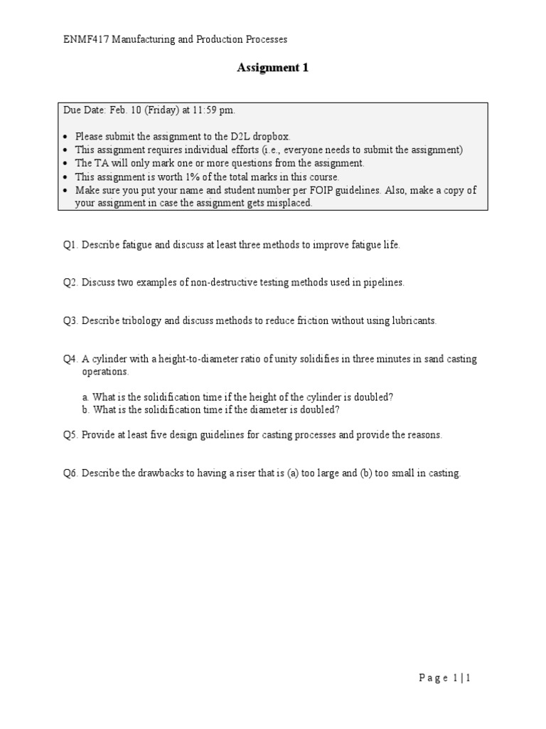 ENMF417 Manufacturing Assignment Guide | PDF