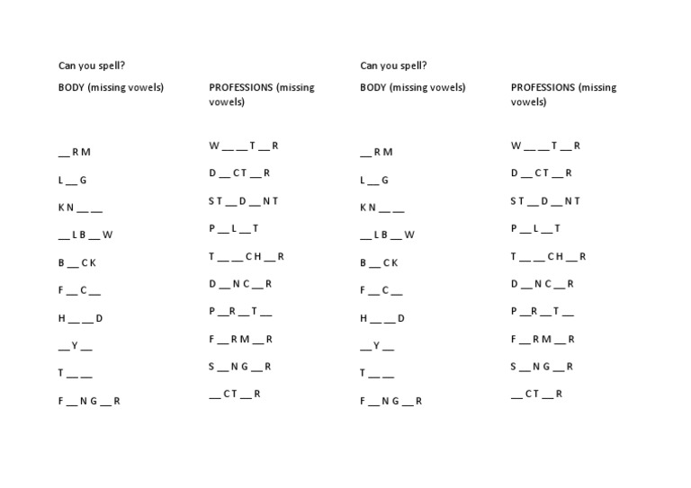 Spell Missing Vowels Professions & Body Parts | PDF