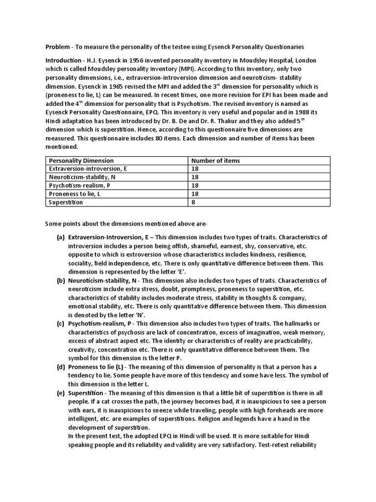 Eyesenck Personality Questionarrie | PDF | Extraversion And Introversion | Cognitive Science