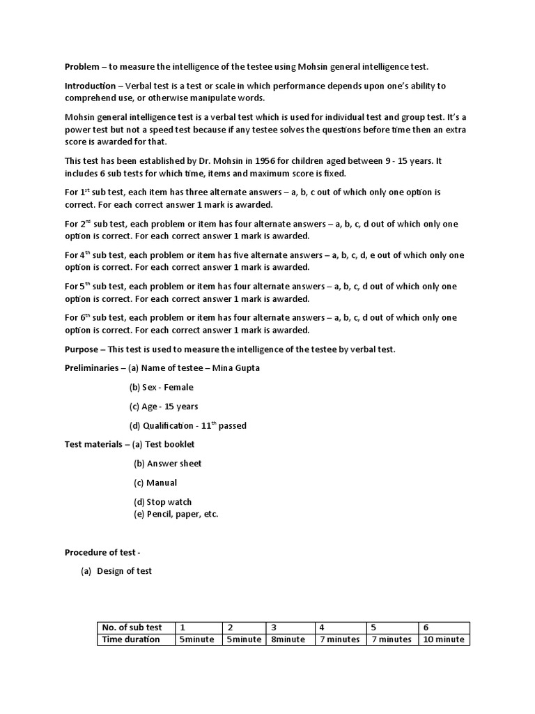 S M Mohsin's Intelligence Test | PDF | Intelligence | Intelligence Quotient