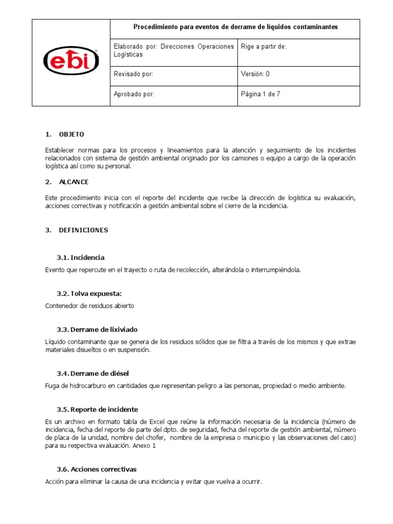 Procedimiento para la gestión de incidentes de derrame de líquidos ...