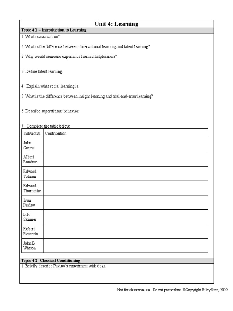 Unit 4 Study Guide | PDF | Classical Conditioning | Learning