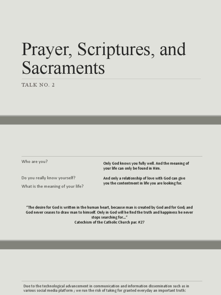 Prayer, Scriptures, and Sacraments | PDF | Eucharist | Catholic Church