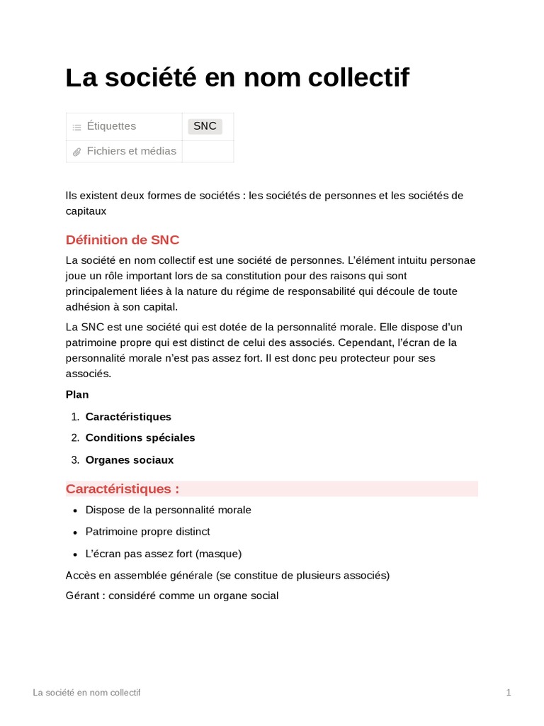 Société en Nom Collectif : Définition et Caractéristiques | PDF | Droit