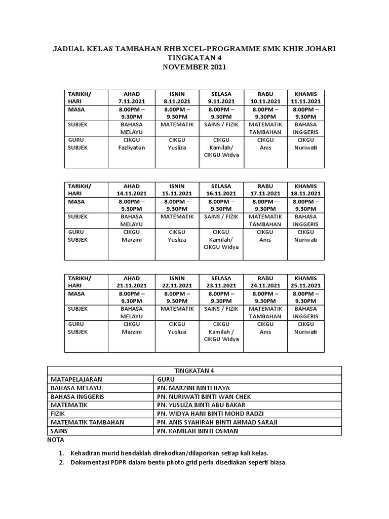 Jadual Kelas Tambahan RHB Xce1 | PDF