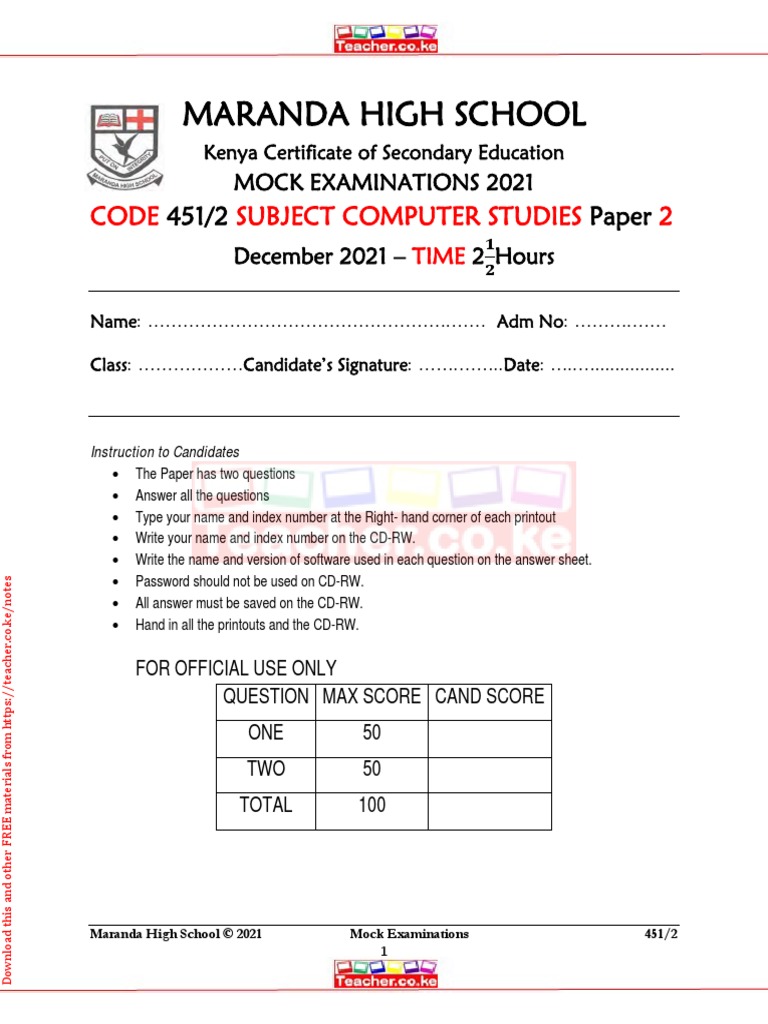 2022 Maranda Mock 451 COMPUTER STUDIES P2 QS Teacher - Co - .Ke | PDF ...