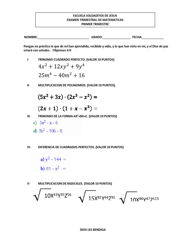 Examen de Matematicas Noveno | PDF