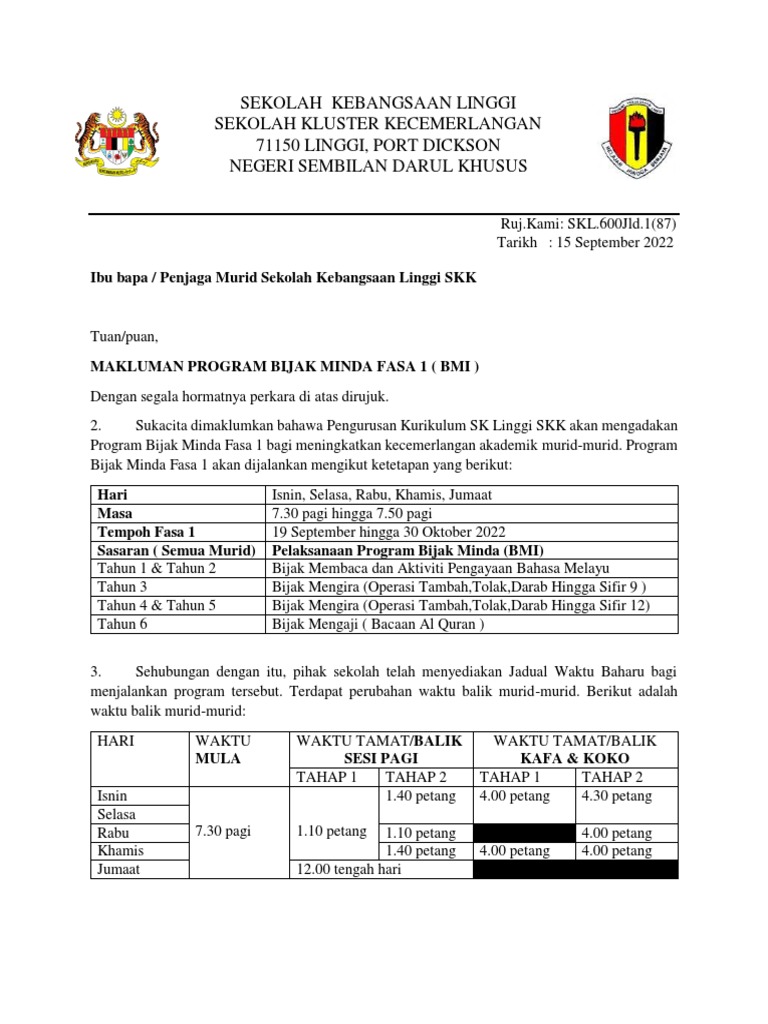 Surat Makluman Program BMI | PDF