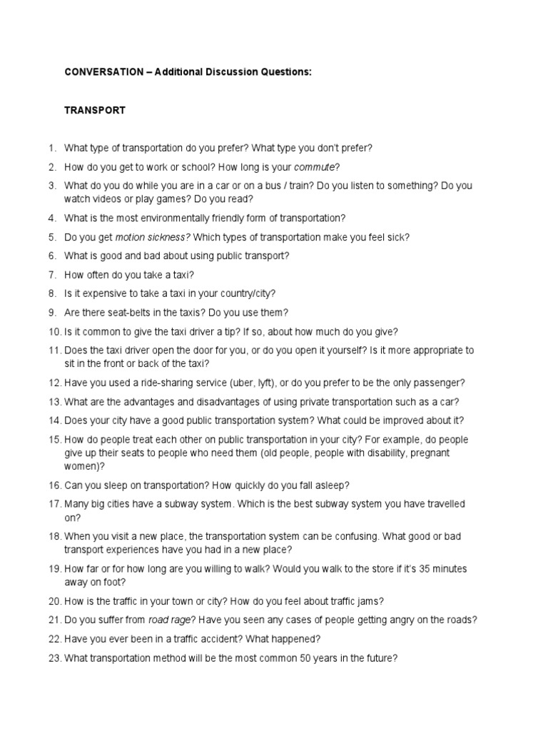 Transportation & Travel Discussion Guide | PDF | Wedding | Meal