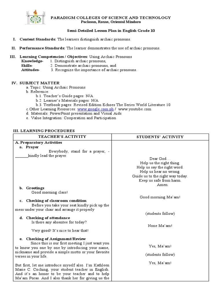 Lesson Plan 1 Archaic Pronouns | PDF | Thou | Cognition