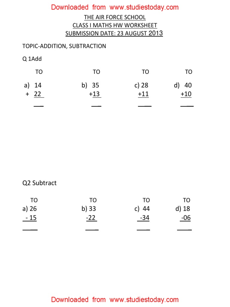 CBSE Class 1 Maths Practice Worksheets (77) - Addition and Subtraction ... CBSE Class 1 Maths Practice Worksheets (77) - Addition and Subtraction ...