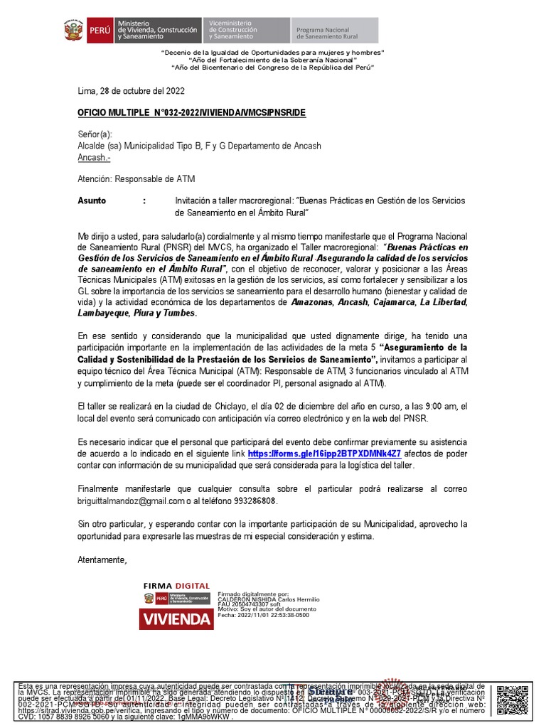 Oficio Multiple N°032-2022-Vivienda-Vmcs-Pnsr-De (R) | PDF