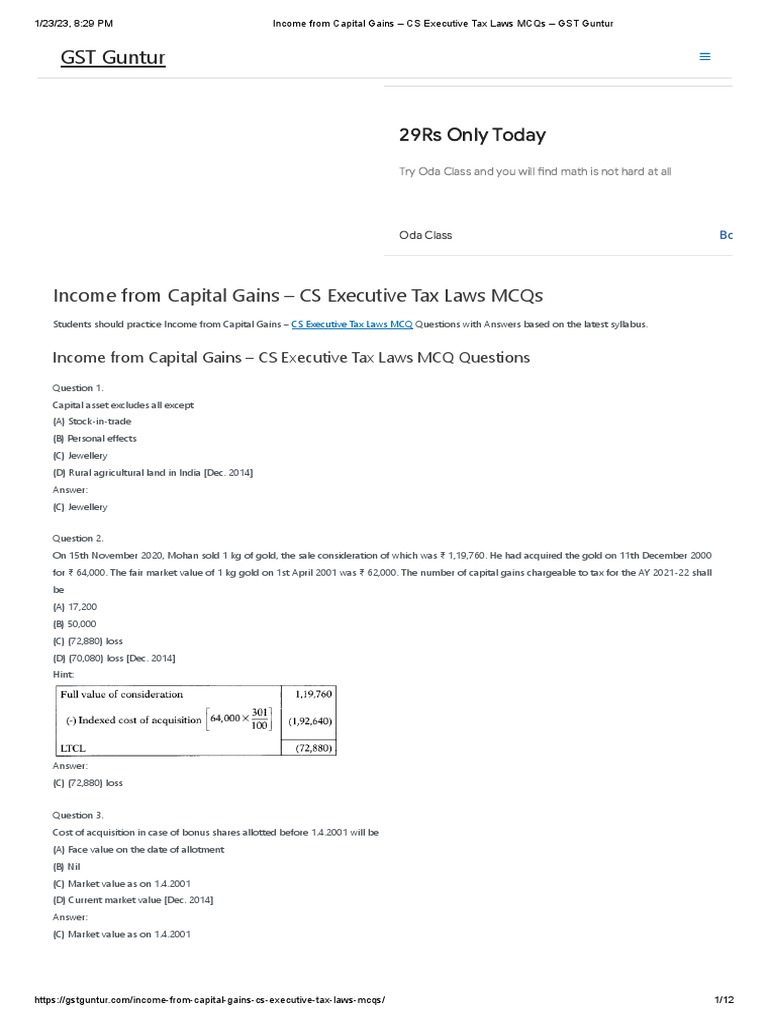 Income From Capital Gains - CS Executive Tax Laws MCQs - GST Guntur ...