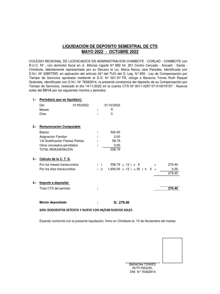 Liquidación CTS Mayo-Octubre 2022 | PDF