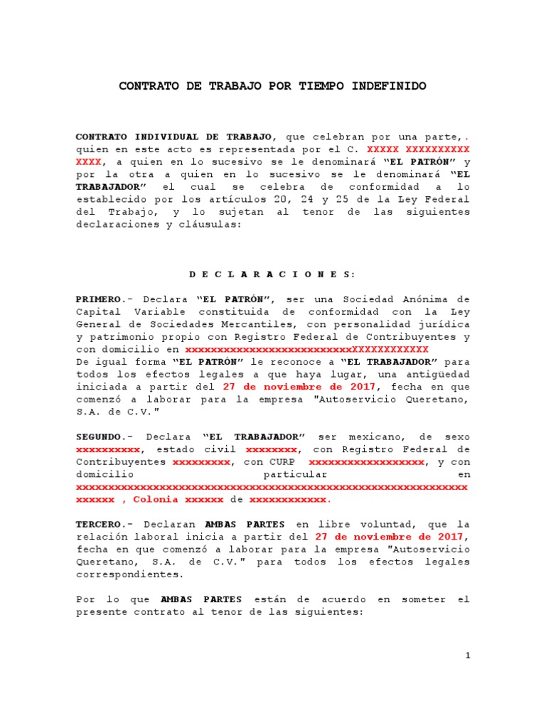 CONTRATO DE TRABAJO POR TIEMPO INDEFINIDO Formato | PDF | Salario | Business