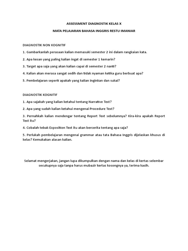 Assessment Diagnostik Kelas X | PDF | Seni & Disiplin Bahasa
