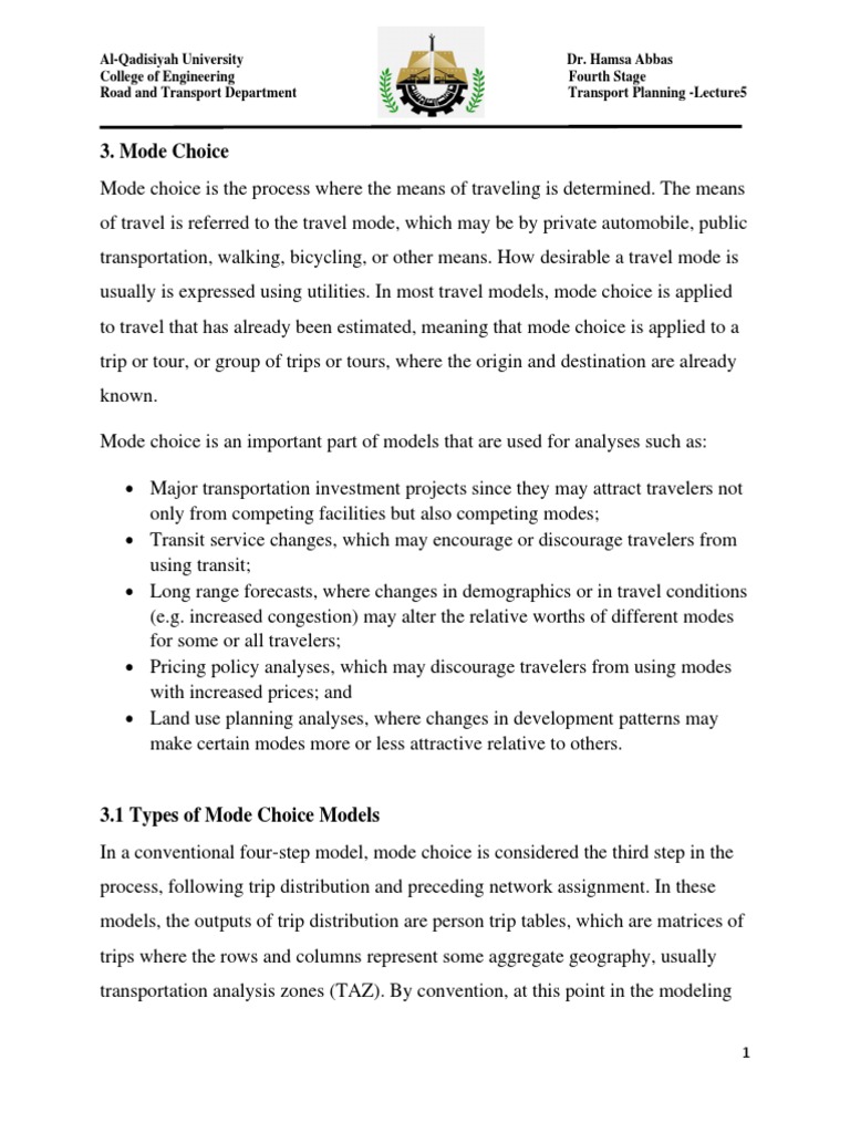 Modeling Mode Choice: An Analysis of Factors Influencing Travel Mode Selection and Techniques ...