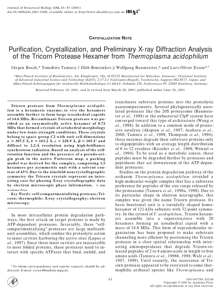 Bosch Et Al. - 2001 - Purification, Crystallization, and Preliminary X ...