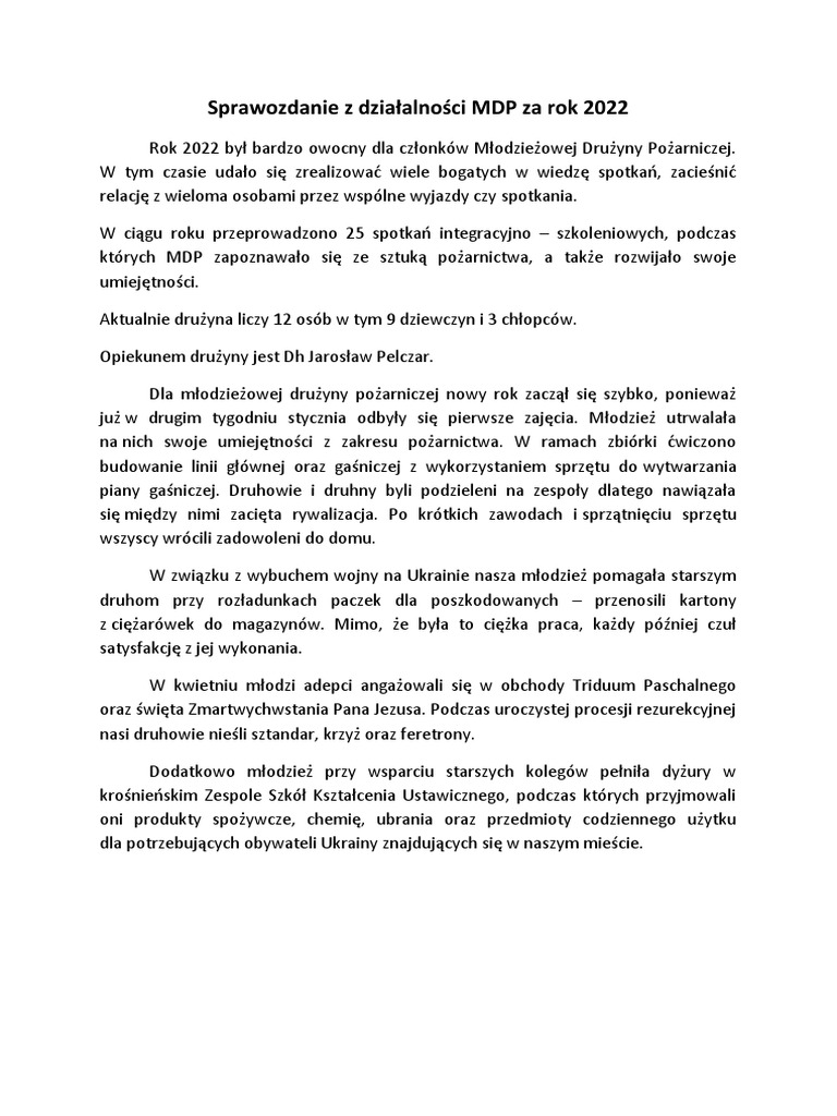 Sprawozdanie Z Działalności MDP Za Rok 2022 - Poprawione | PDF