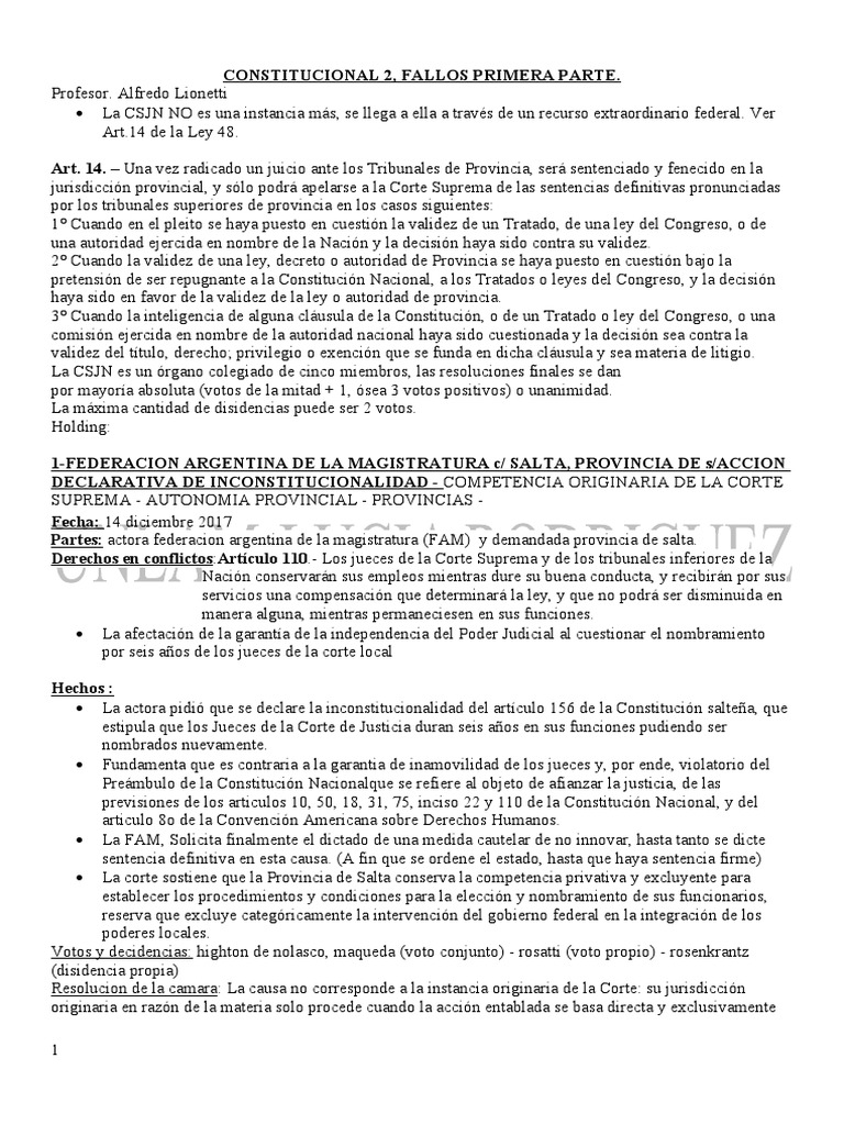 Resumen de Fallos Constitucional 2 Lionetti | PDF | Constitución | Convenio europeo de derechos ...