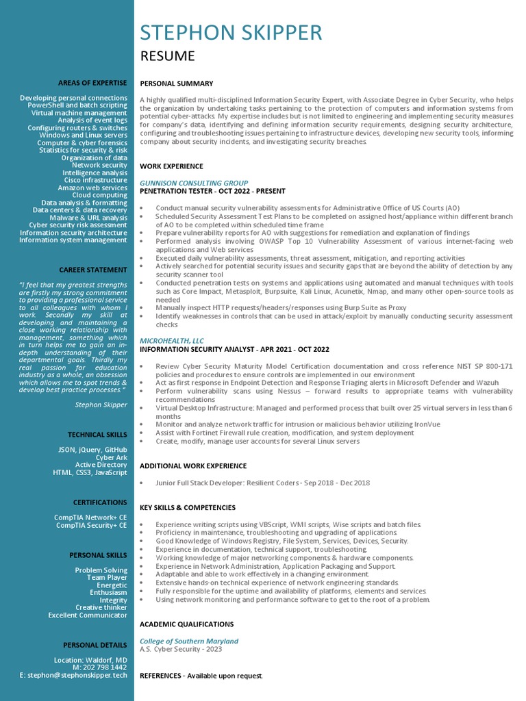 Stephon Skipper's Resume Highlighting His Expertise in Cyber Security ...
