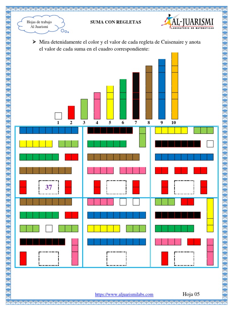 Hoja 05 Suma de Un Dígito Más Un Dígito Con Regletas de Cuisenaire | PDF