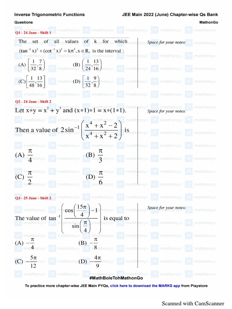 Inverse Trigonometric Functions - JEE Main 2022 Chapter Wise Questions by MathonGo | PDF