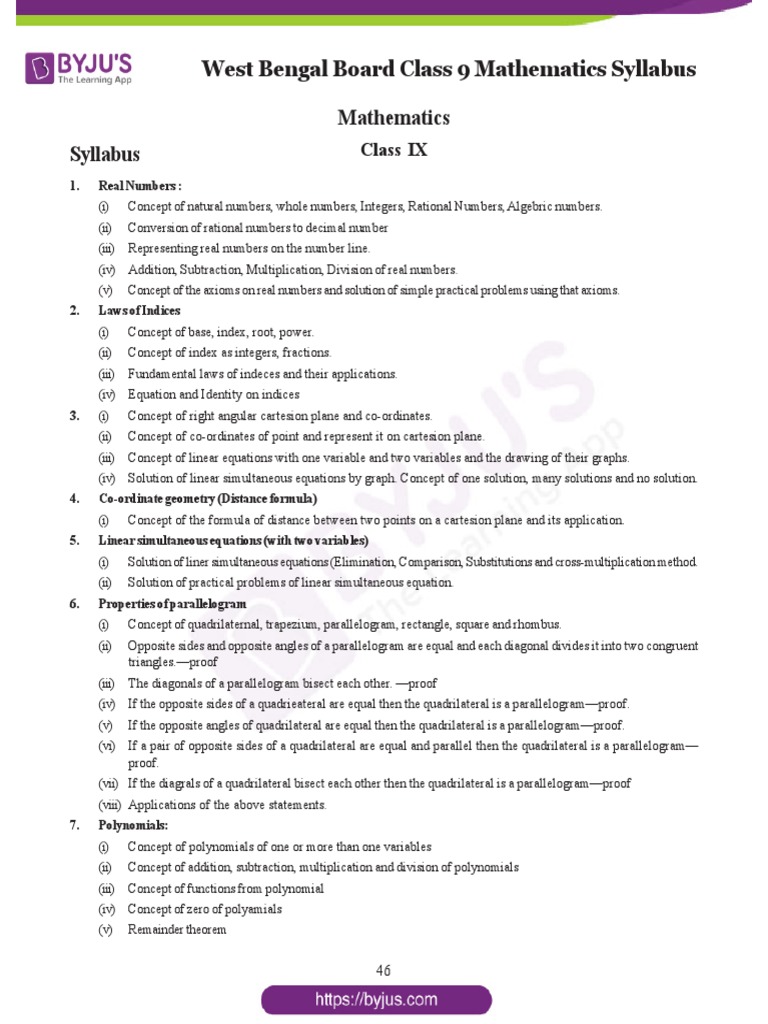Class 9 WBBSE Math Syllabus Overview | PDF | Area | Circle