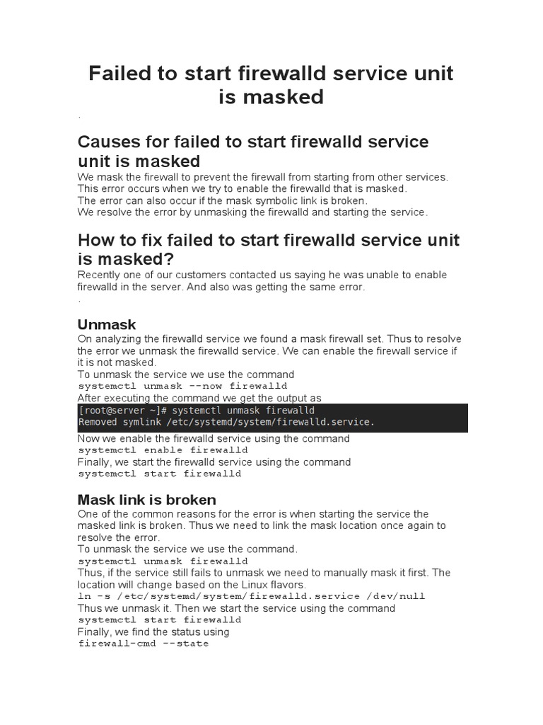 Resolving the "Failed to start firewalld service unit is masked | PDF