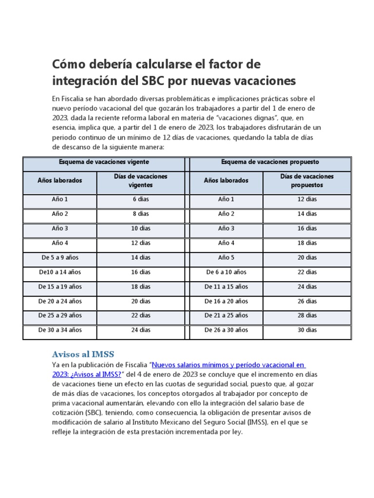 IMSS Cómo Debería Calcularse El Factor de Integración Del SBC Por Nuevas Vacaciones | PDF ...