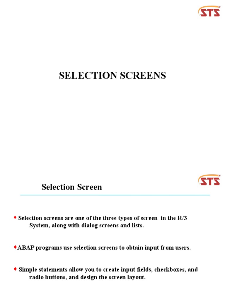 SELECTION SCREENS: Define Inputs for ABAP Programs | PDF | Computer ...