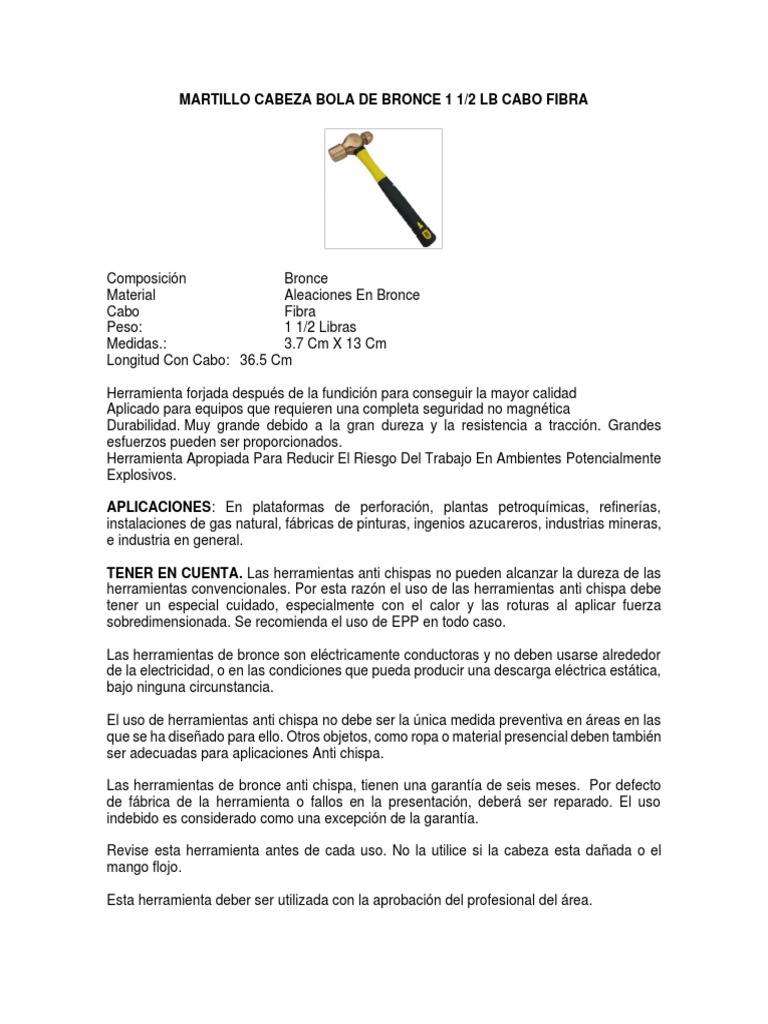 Martillo de Bronce 1.5 lb Antichispas | PDF | Bronce | Descarga ...