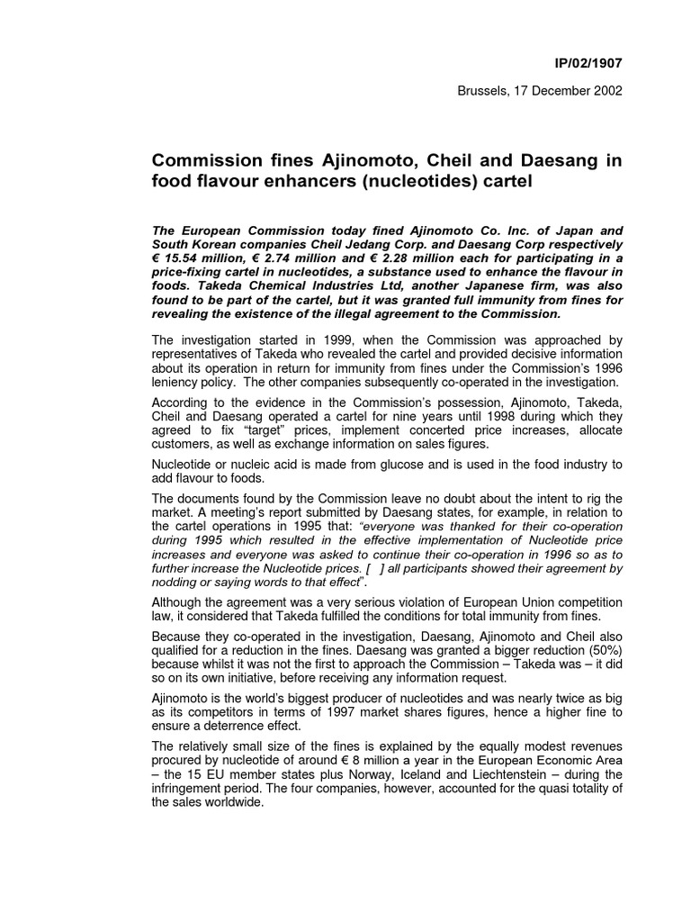 Commission Fines Ajinomoto Cheil and Daesang in Food Flavour Enhancers ...