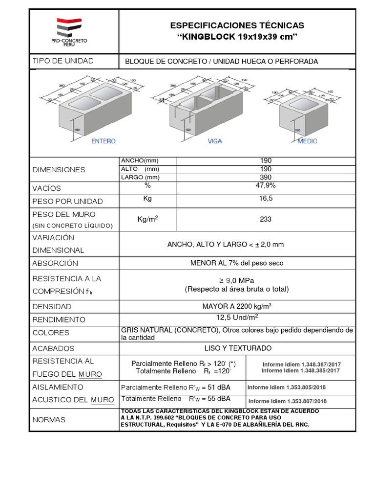 Especificaciones del King Block 19x19x39 | PDF