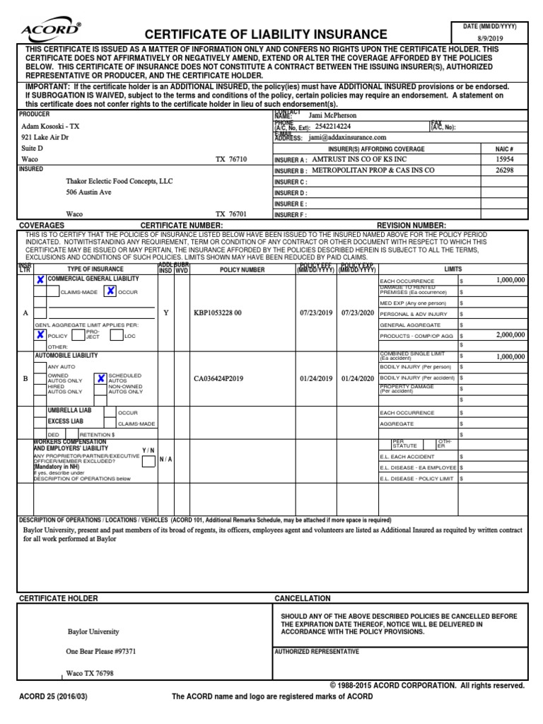 Acord 25 2016-03 | PDF | Insurance | Legal Liability