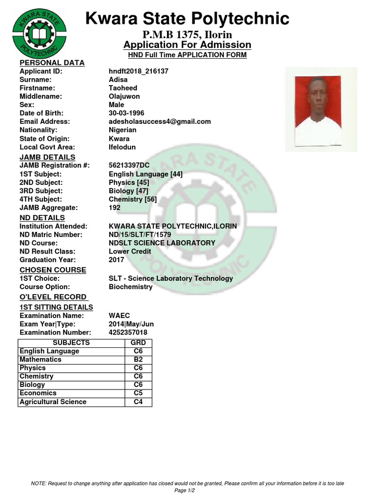 Kwara State Polytechnic: P.M.B 1375, Ilorin | PDF