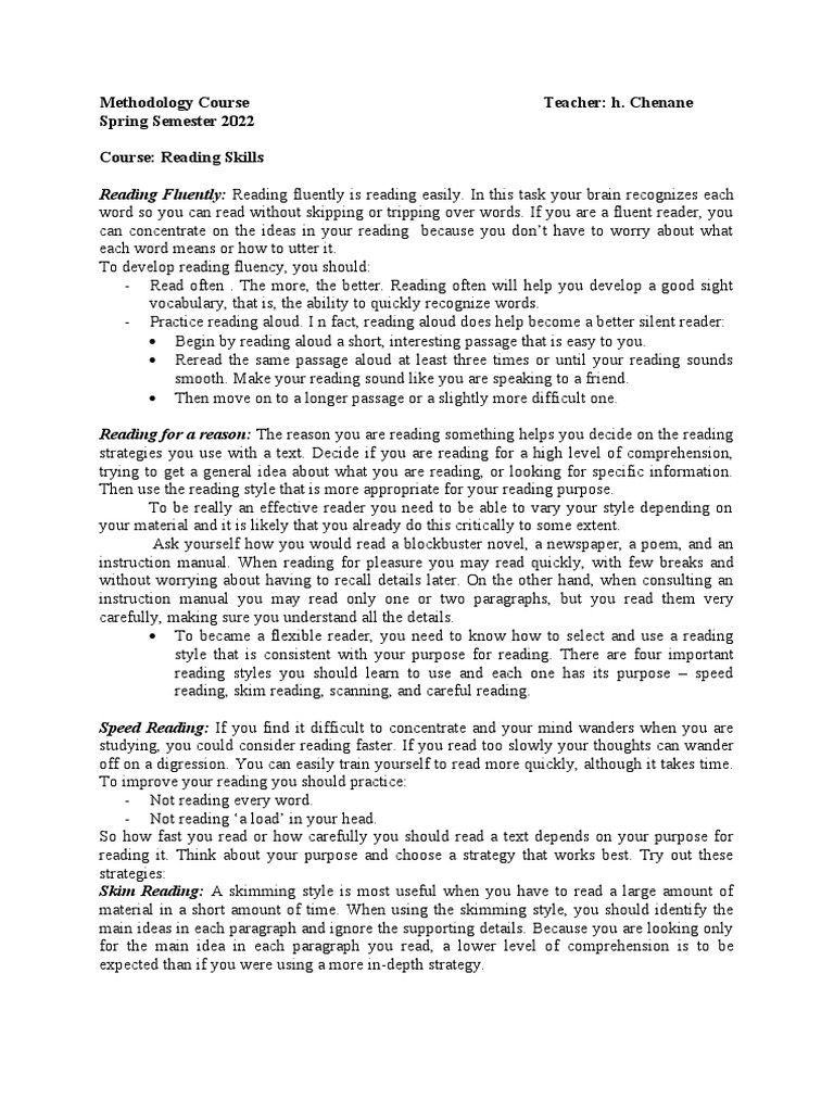Reading Skills | PDF | Speed Reading | Reading Comprehension
