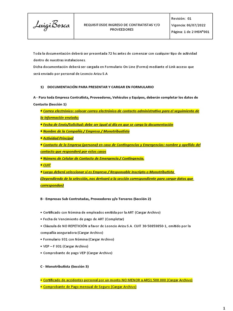 IHSN°001-Requisitos Ingreso de Contratistas y Proveedores | PDF