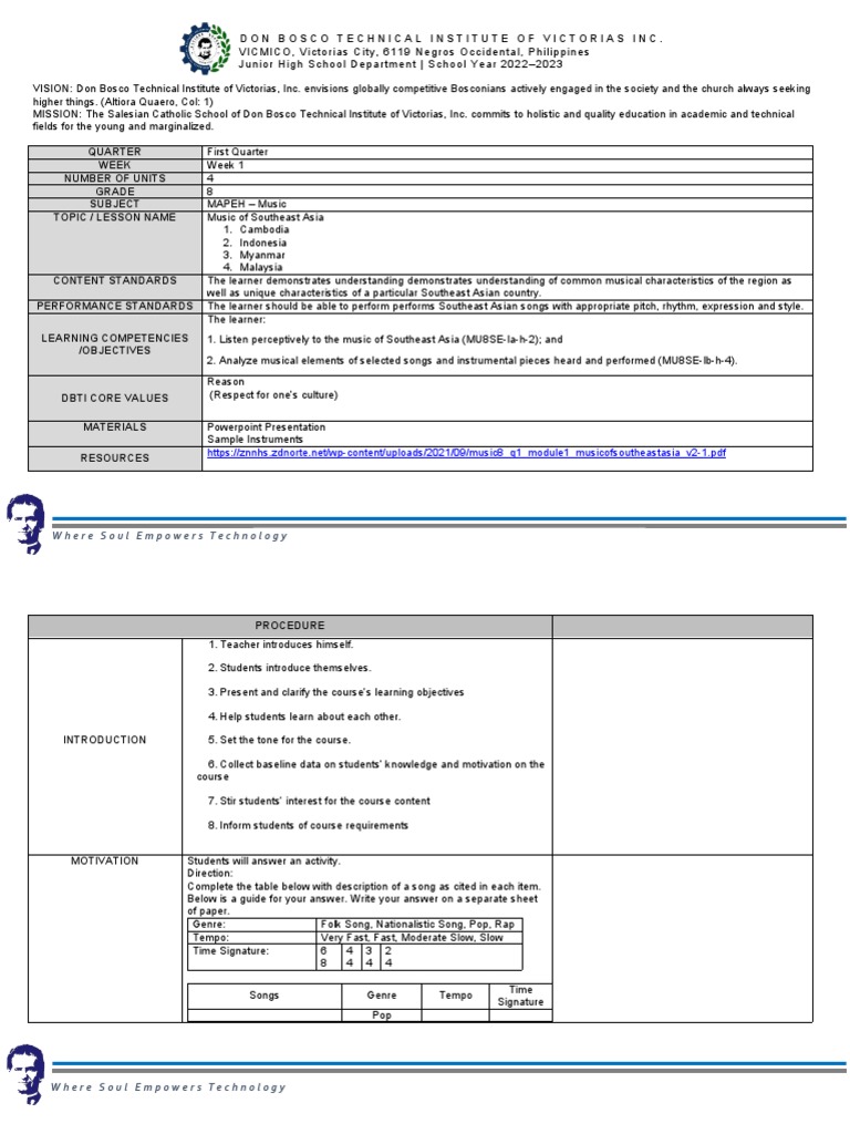 Learning Plan Week 1 First Quarter 2022 2023 | PDF | Musical Instruments | Learning