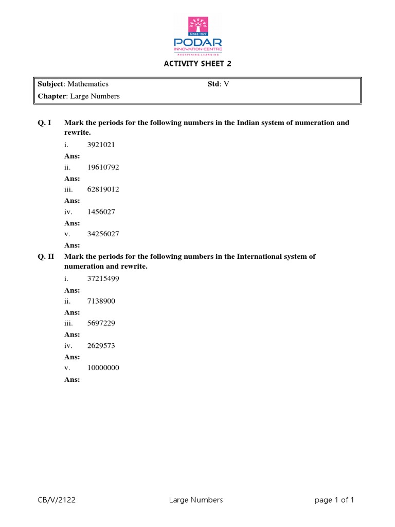 AS 2 - QP - V - Math - Large Numbers | PDF