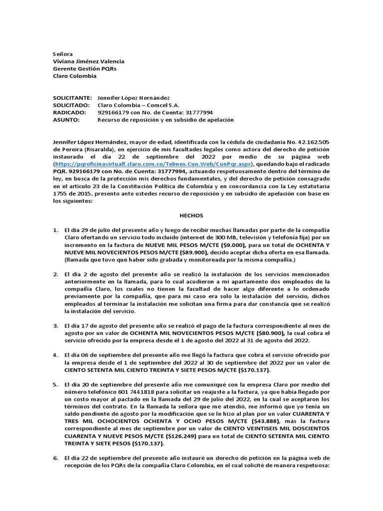 Recurso de Reposición y en Subsidio de Apelación - Comcel S.A. | PDF ...