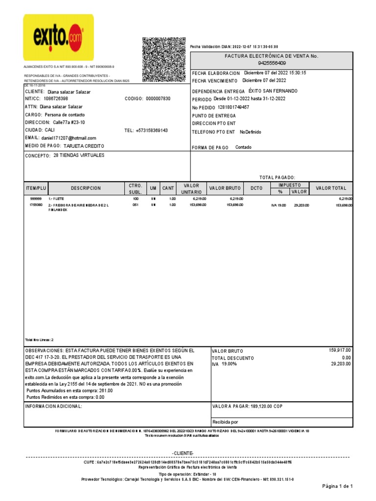 Factura Electrónica de Venta No.: ALMACENES EXITO S.A NIT 890.900.608 - 9 - NIT 890900608-9 ...