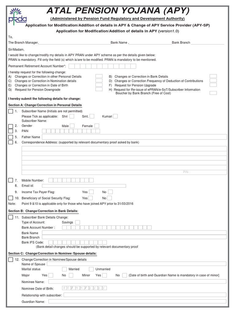 APY Details Modification Form | PDF | Banks | Pension