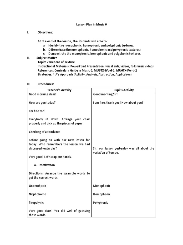 Lesson Plan in Music 6 | PDF | Music Theory | Elements Of Music