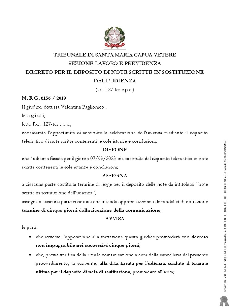 Alla Data Fissata Per L'udienza, Scaduto Il Termine Ultimo Per Il Deposito Di Note Di ...
