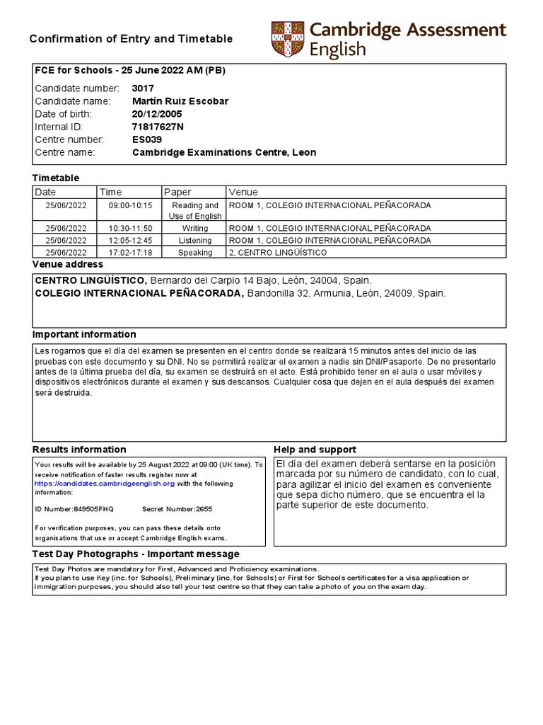 Confirmation of Entry and Timetable | PDF