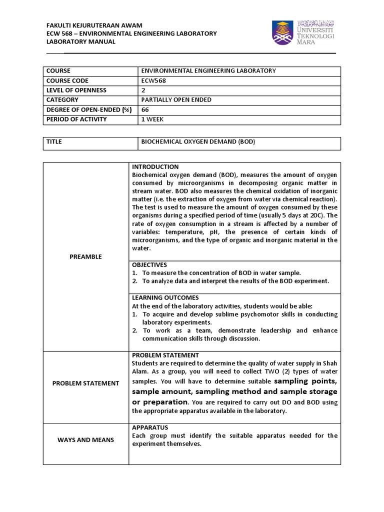 BOD Measurement Laboratory Manual | PDF | Water | Oxygen