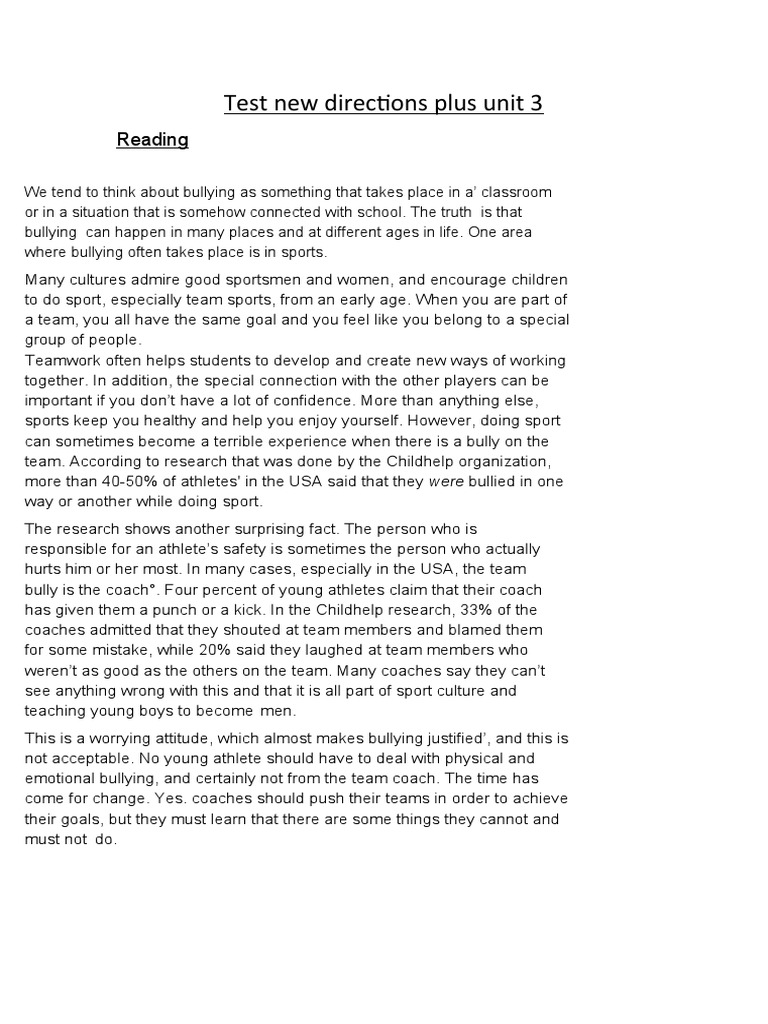 Test New Directions Plus Unit 3 | PDF | Bullying