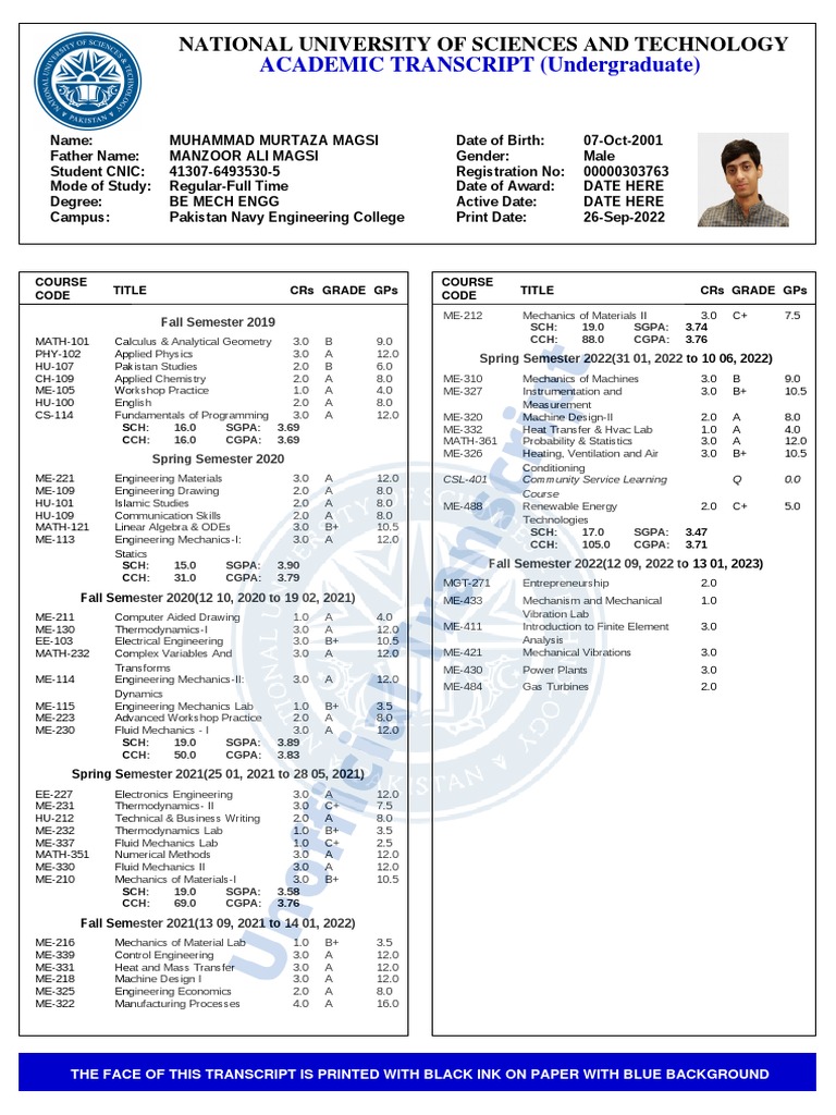 F-149-418-8174282 FIeQyywx NUST CMS Transcript | PDF | Engineering | Applied And ...